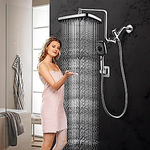 Shower Head with Handheld Combo, 12'' Rectangle Rain Shower Head with Upgraded 12'' Z-Shaped Shower Extension Arm, High Pressure 4 Setting Handheld Shower Head with 60'' Hose, Height/Angle Adjustable