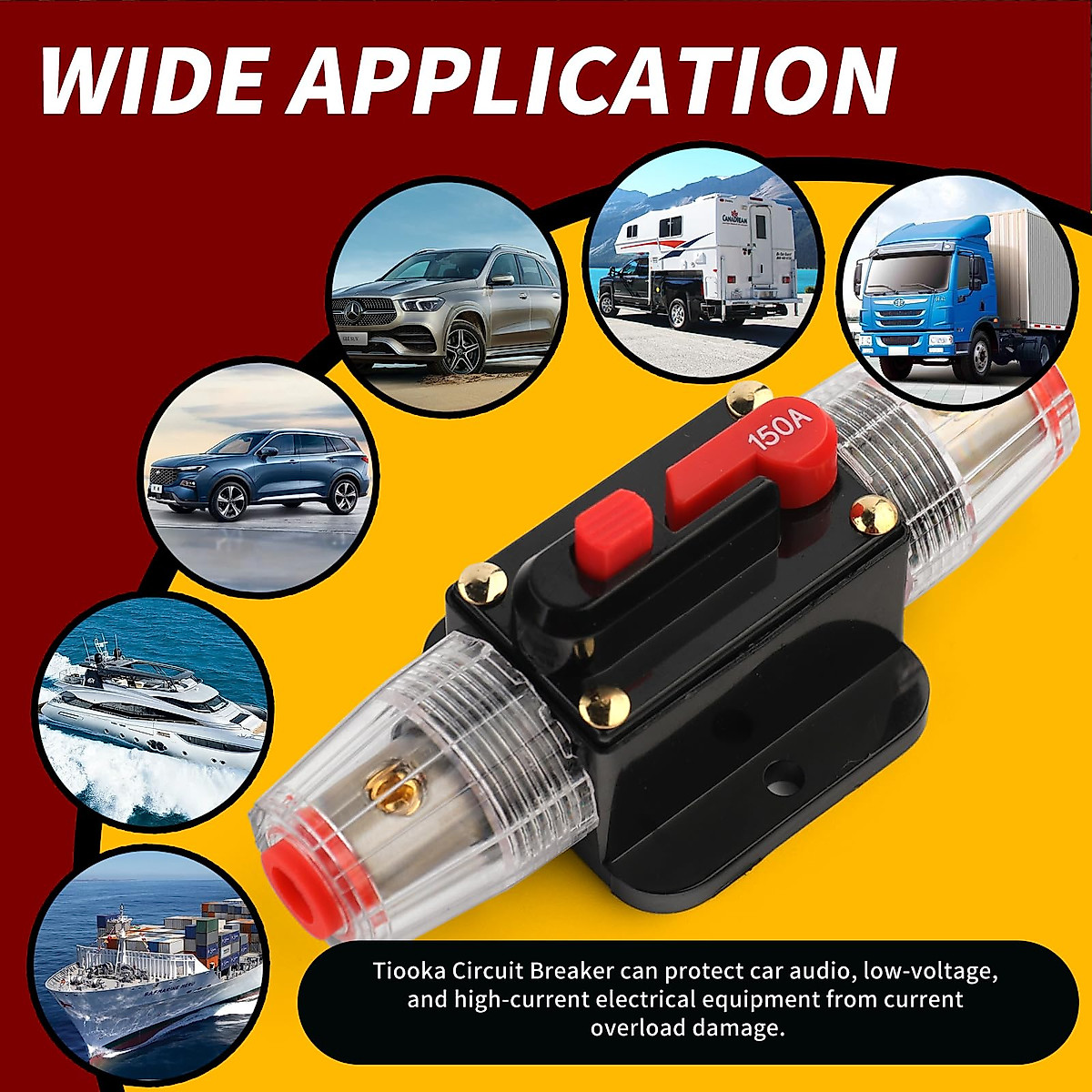 Tiooka 150A Audio Inline Circuit Breaker Resettable Fuse Holder 12V-24V DC 2PCS with Manual Reset Waterproof Automotive Marine Boat Audio System Solar Inverter System Protection