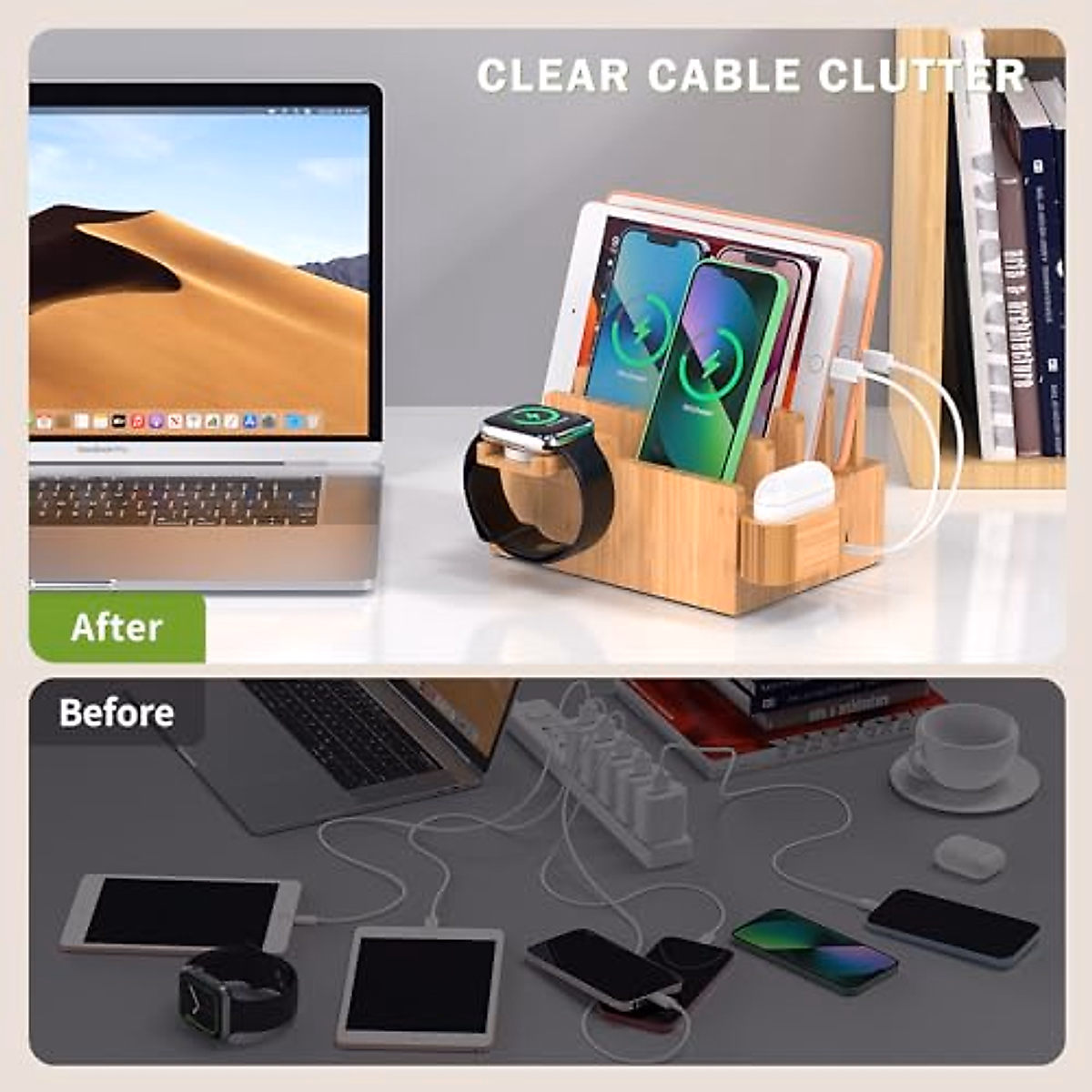 Pezin & Hulin Bamboo Charging Station Organizer for Multiple Devices, Desktop Docking Stations Holder for Cell Phone, Tablet, SmartWatch & Earbuds Stand (Included 5 Cables) (No USB Charger)