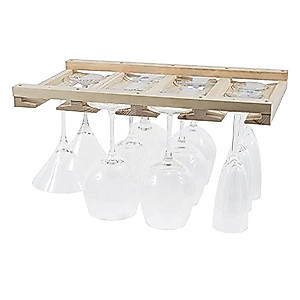 Rustic State 4 Sectional Adjustable Under Cabinet Mount Wood Stemware Rack Hanging Shelf Glassware Holder Bar Organizer with up to 12 Wine Glass Storage 10 Inch Deep Natural