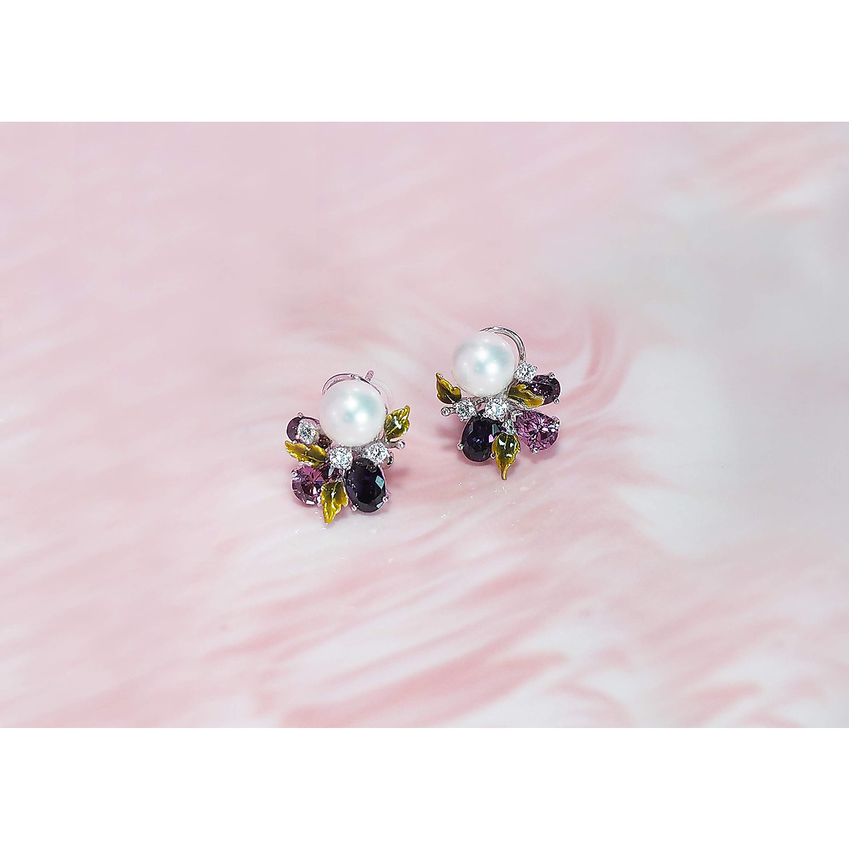 Anthia Jewelry Womens Sterling Silver Sparkling Multicolor Cubic Zirconia Gemstone Floral Flower White Imitation Pearl Cute Fashion Jewelry Accessory French Back Stud Earrings, Purple & Pink