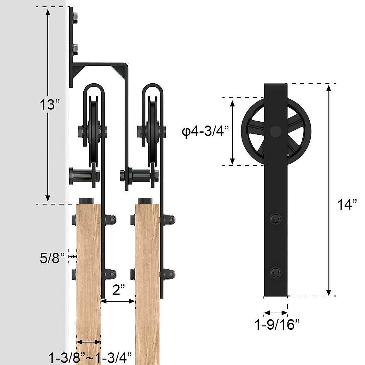 ZEKOO 5-18 FT Bypass Barn Door Hardware for Double Barn Door, Barn Door Track for Sliding Closet Door, Heavy Duty Double Bypass Barn Door Kit Big Black Spoke Hangers (9FT Bypass Double Door Kit)