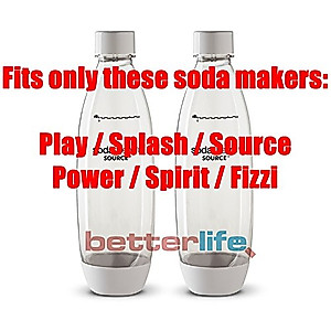 Sodastream Source 2 Pack Original White Carbonating Reusable Water Bottles 1 Liter BPA-Free Fits Only - Play, Source, Power, Spirit and Fizzi Soda Makers