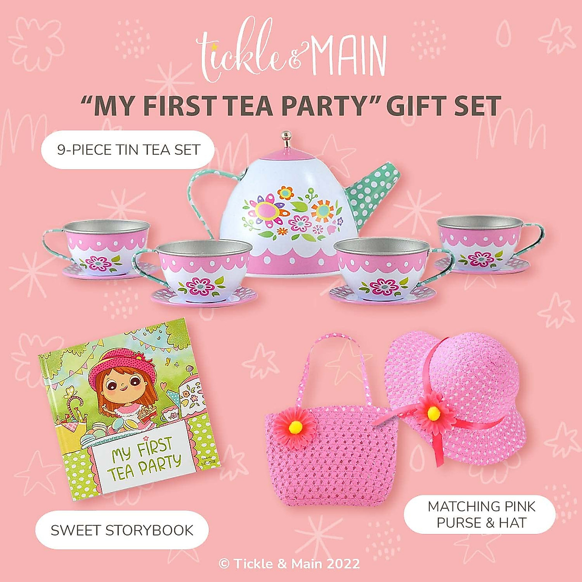 Tickle & Main My First Tea Party Gift Set, 12-Piece Set Includes Book, Tea Set, Hat, and Purse for Toddler Girls