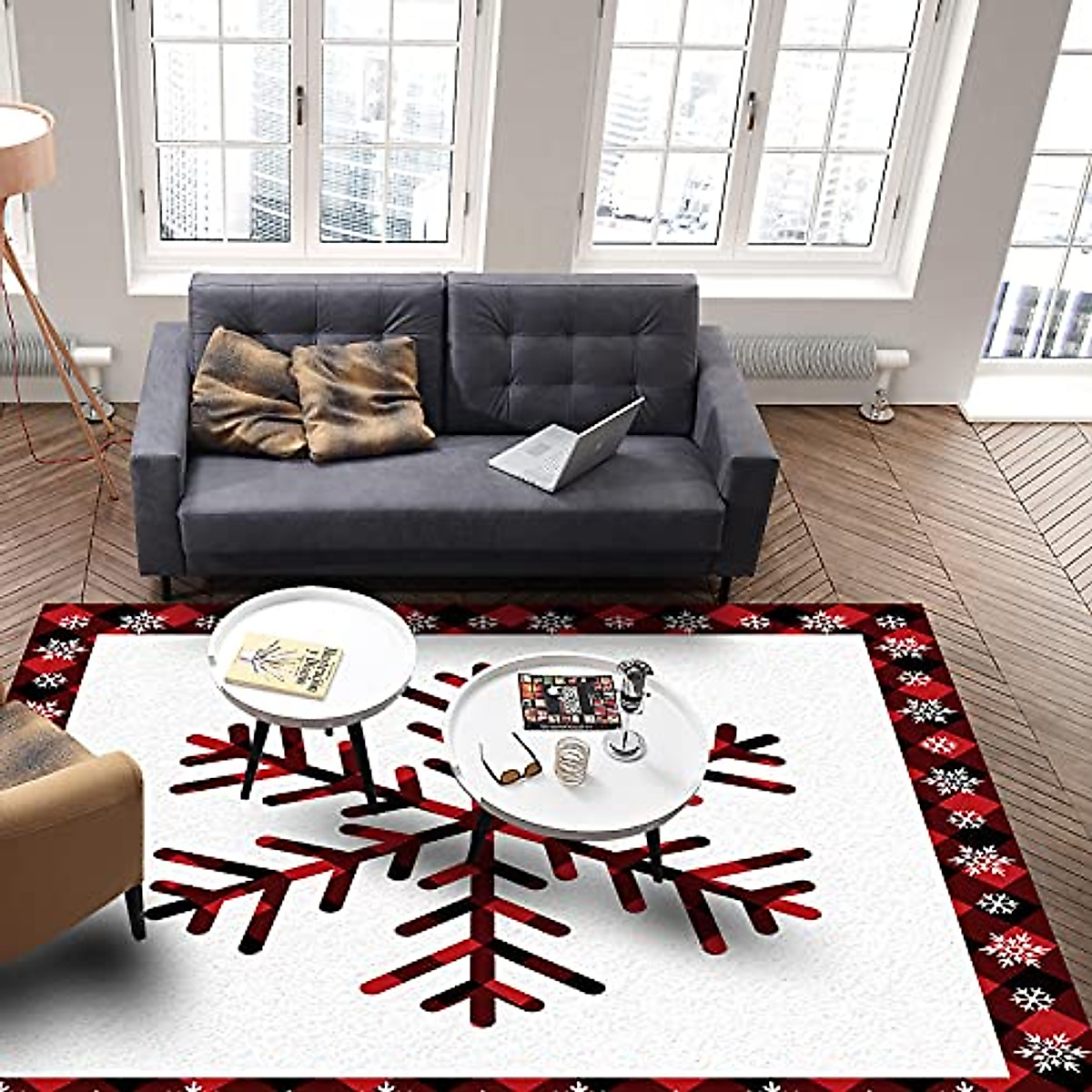 Area Rug Absorbent Non-Slip Rectangle Rug Christmas Red Lattice Snowflake White Rugs for Living Room Bedroom Kitchen Entryway, Soft Floor Mat Indoor Carpet Accent Rugs 2x3 Feet