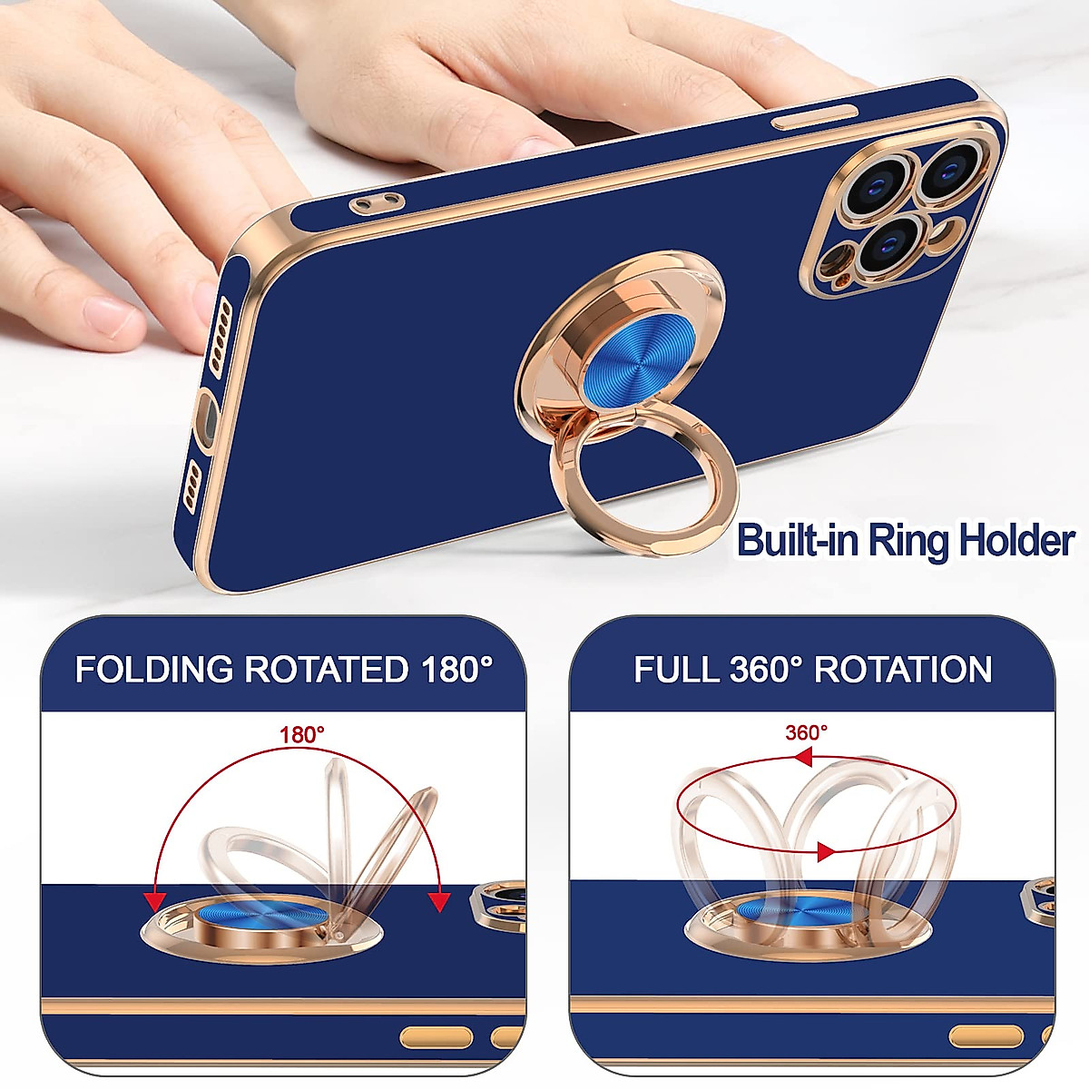 Hython for iPhone 13 Pro Max Case with Ring Stand [360°Rotatable Ring Holder Magnetic Kickstand] [Plated Rose Gold Edge] Slim Soft TPU Cover Luxury Protective Phone Case for Women Men, Blue