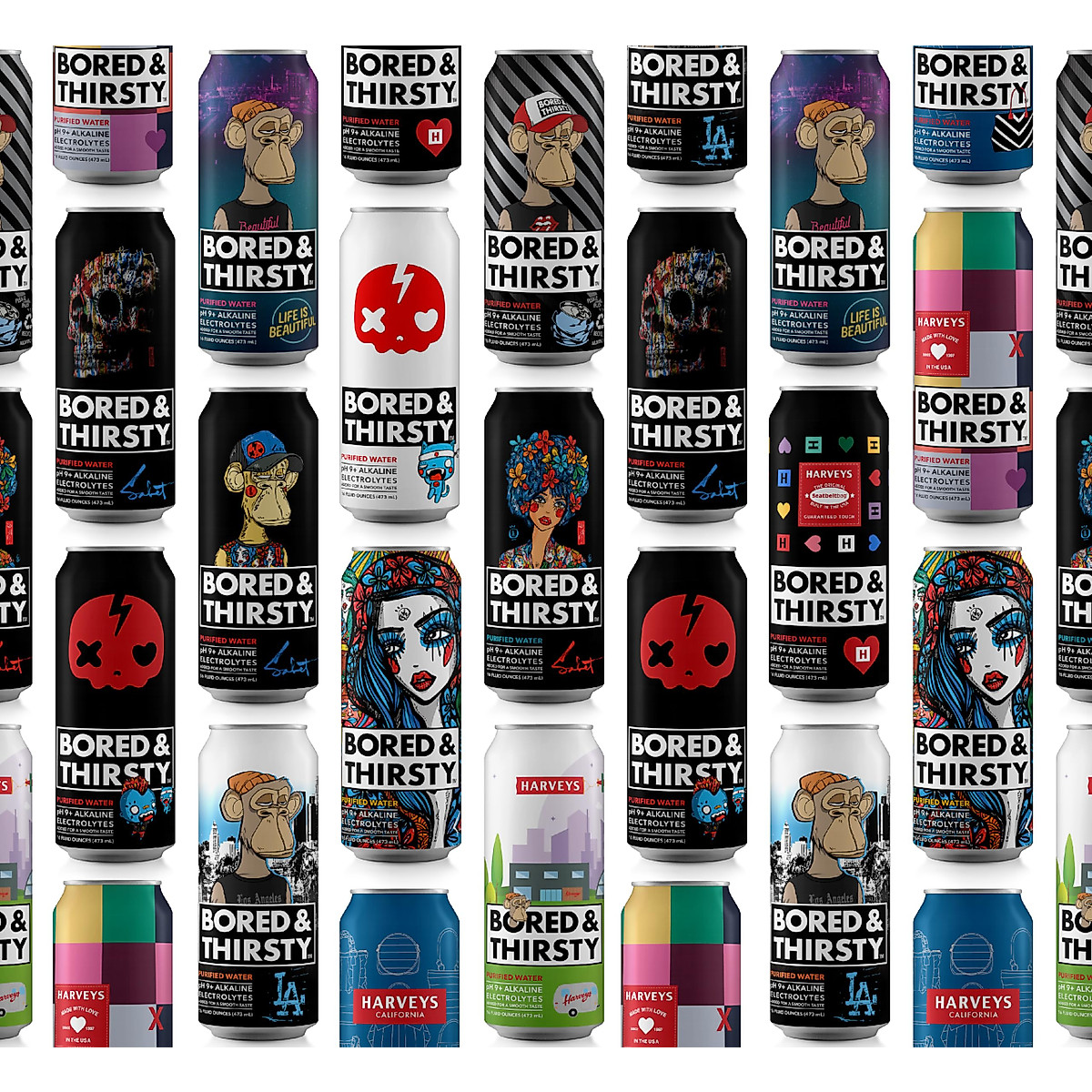 Bored & Thirsty Ionized Alkaline Water with Electrolytes & Trace Minerals for a Smooth Taste. Limited Edition Art Collabs 100% Recyclable 16 Fl Oz Aluminum Cans (4 Pack). Stop Single Use Plastic!