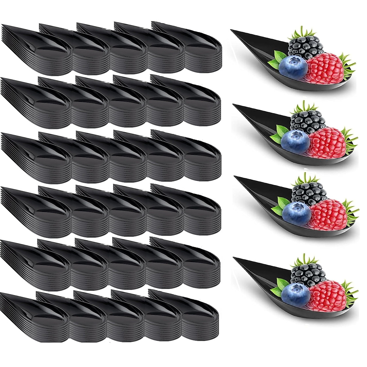 LSR Loreso 240 Count Tear Drop Appetizer Plastic Spoons, Black for Serving Desserts, Cakes, Hors d'oeuvres, Small Portion Tasting, Reusable - Black 240CT