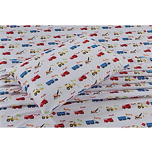 Better Home Style Multicolor Cranes Backhoes Construction Equipment Trucks Fire Engine Design for Kids/Boys 3 Piece Sheet Set with Pillowcase Flat and Fitted Sheets # Crane (Twin)