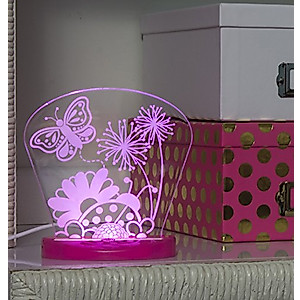 Lights By Night Color-Changing Table Top Lamp Nightlight, Flowers and Butterflies, USB Powered, 9 Multi-Colored 3D Options, Always On/60 Minute Time-Out Feature, Colorful, Pink Acrylic Base, 32917