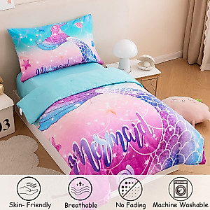 ZRNBAST Toddler Bedding Sets for Girls 4 Pcs Mermaid Tail Toddler Comforter Set Pink Turquoise Gradient Rainbow Colorful Toddler Bedding for Girl Bed, Pink Blue Fish Scale