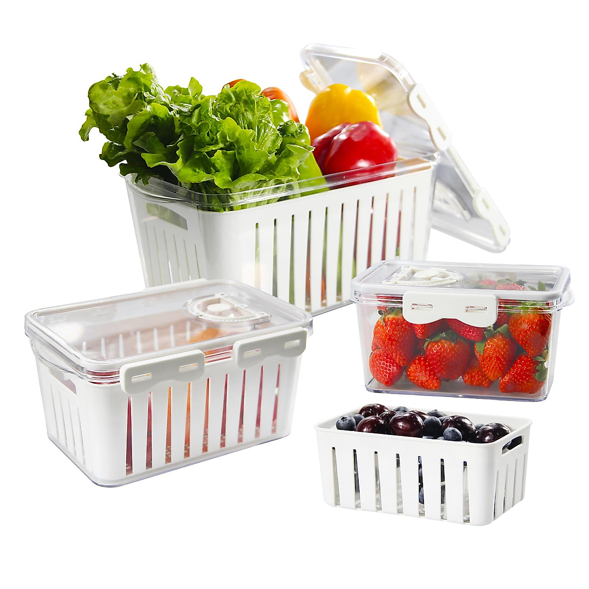 Oiperiey 3-Pack Fridge Vegetable and Fruit Storage Containers, Creative Timer Refrigerator Drain Storage Box, BPA-Free Kitchen Storage Box with Ventilation Holes to Keep Food Fresh