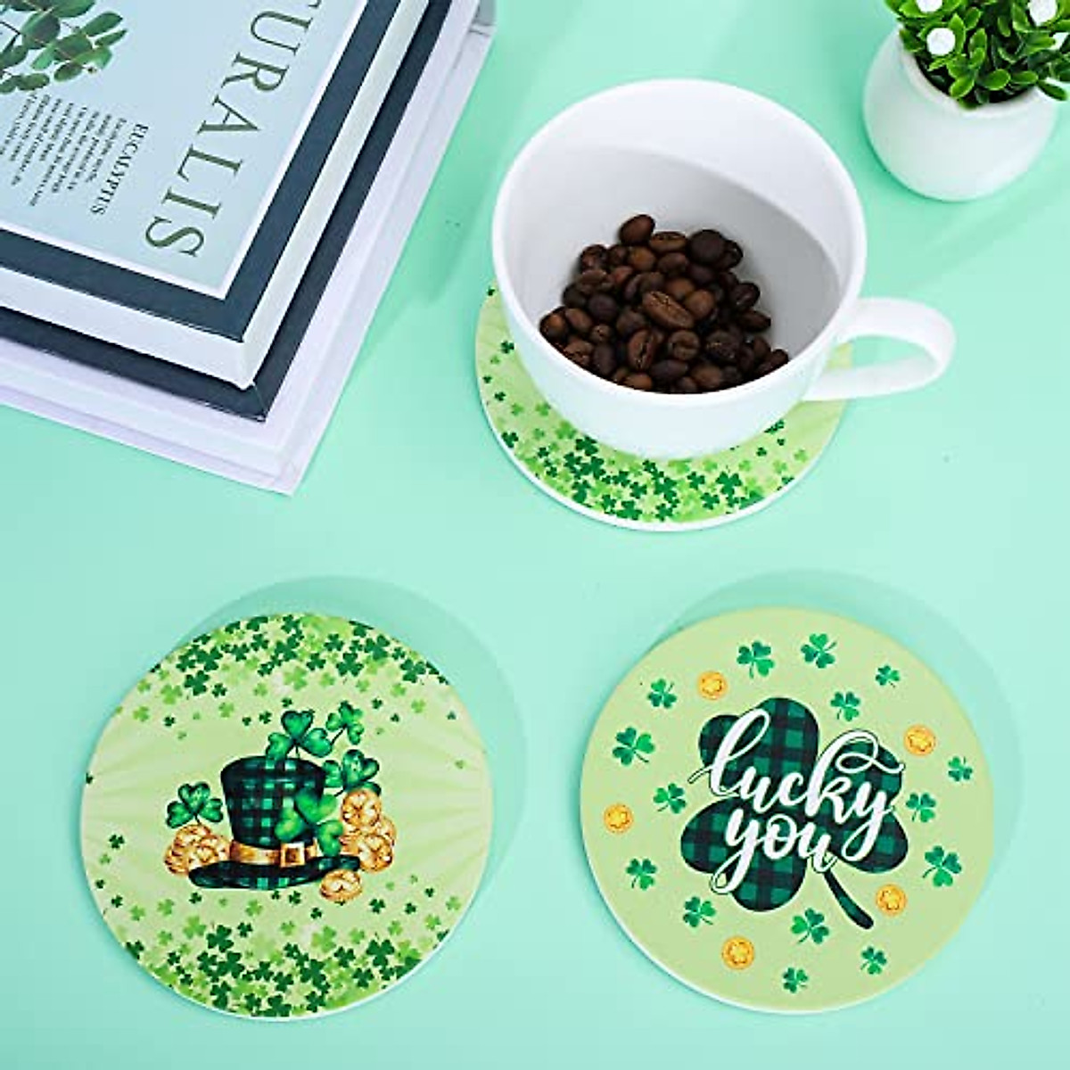 Whaline St. Patrick's Day Coaster 4Pcs Watercolor Green Lucky Shamrock Truck Hat Drink Coaster Irish Ceramic Coaster Cup Mat for Mugs Cups Home Kitchen Party Supplies, 4.1 x 4.1 x 0.3 Inch