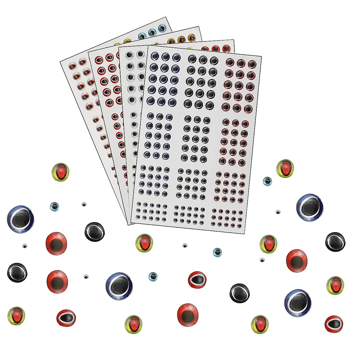 WHYHKJ Fishing Lure Eye 4 Sheets 3D Simulation Fishing Lure Eyes Fish Eyes Fly Tying Materials Artificial Fish DIY Eye Fishing Tackle (3mm 180pcs, 4mm 192pcs, 5mm 180pcs, 6mm 180pcs)