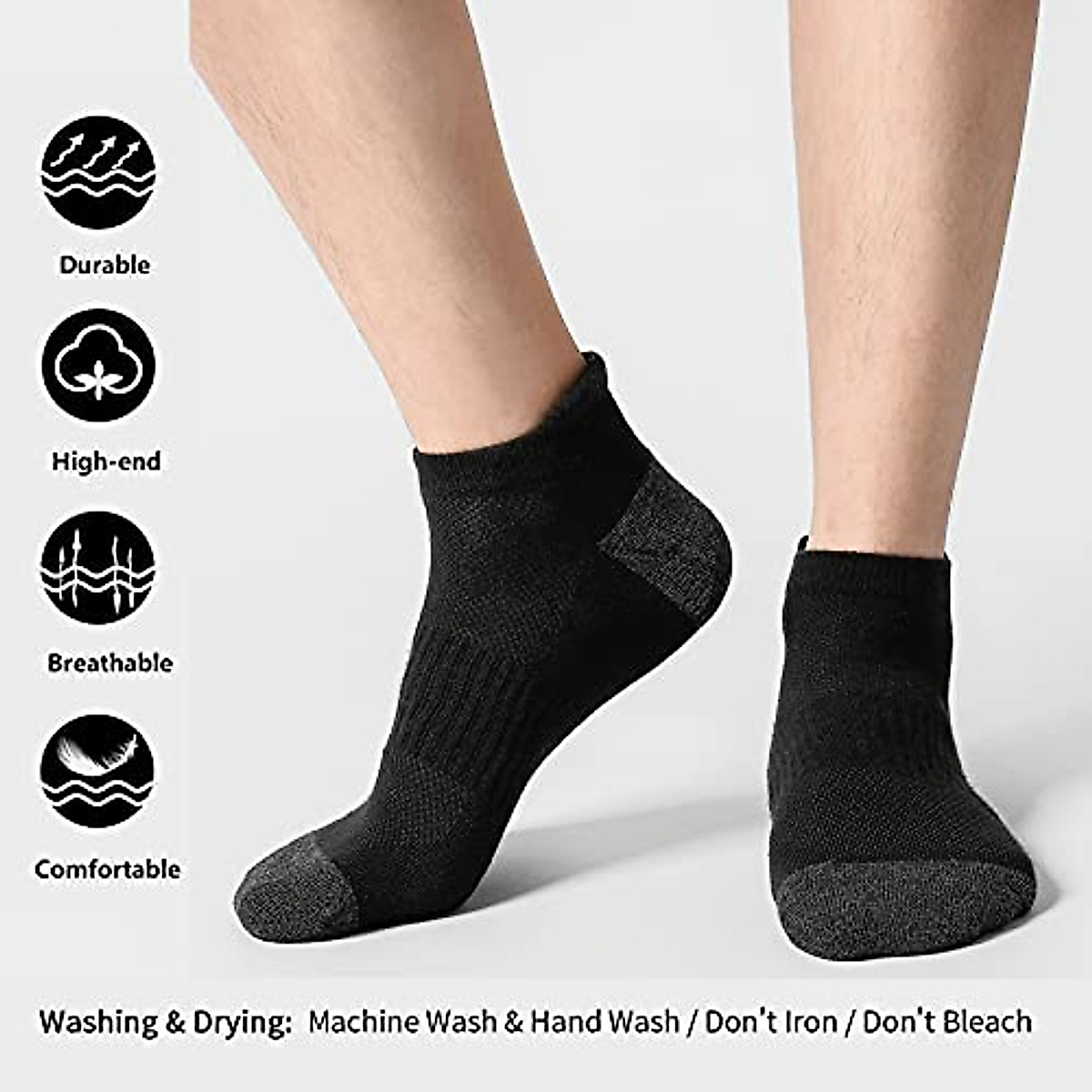GLENMEARL 6 Pack Mens Athletic Running Socks Ankle Sport Cushioned Sock Black M