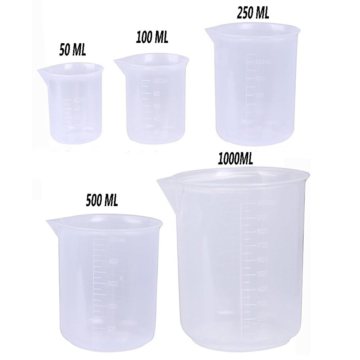 Buytra 5 Sizes Clear Plastic Graduated Cylinders (10 25 50 100 250ml) 5 Pack Plastic Beakers Set- 50, 100, 250, 500, 1000ML