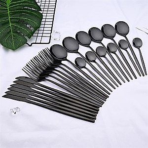 HIGOH Gold Soup Spoons 24pcs Black Western Dinnerware Set Stainless Steel Cutlery Set Fork Knife Spoon Tableware Set Flatware Set Silverware Set
