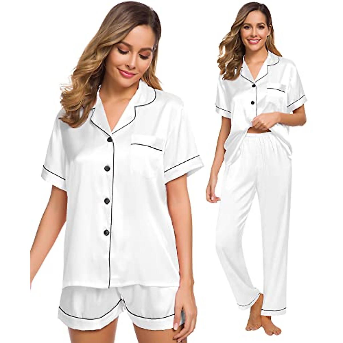 SWOMOG Womens 3pcs Satin Pajamas Shorts Set Button Down Short Sleeve Pjs Loungewear Long Lounge Pants with Pockets White