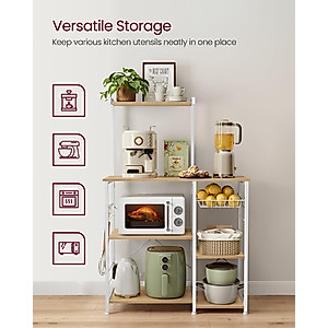 VASAGLE Baker's Rack, Microwave Stand, Kitchen Storage Rack with Wire Basket, 6 Hooks, and Shelves, for Spices, Pots, and Pans, Golden Oak and Cloud White UKKS035W09