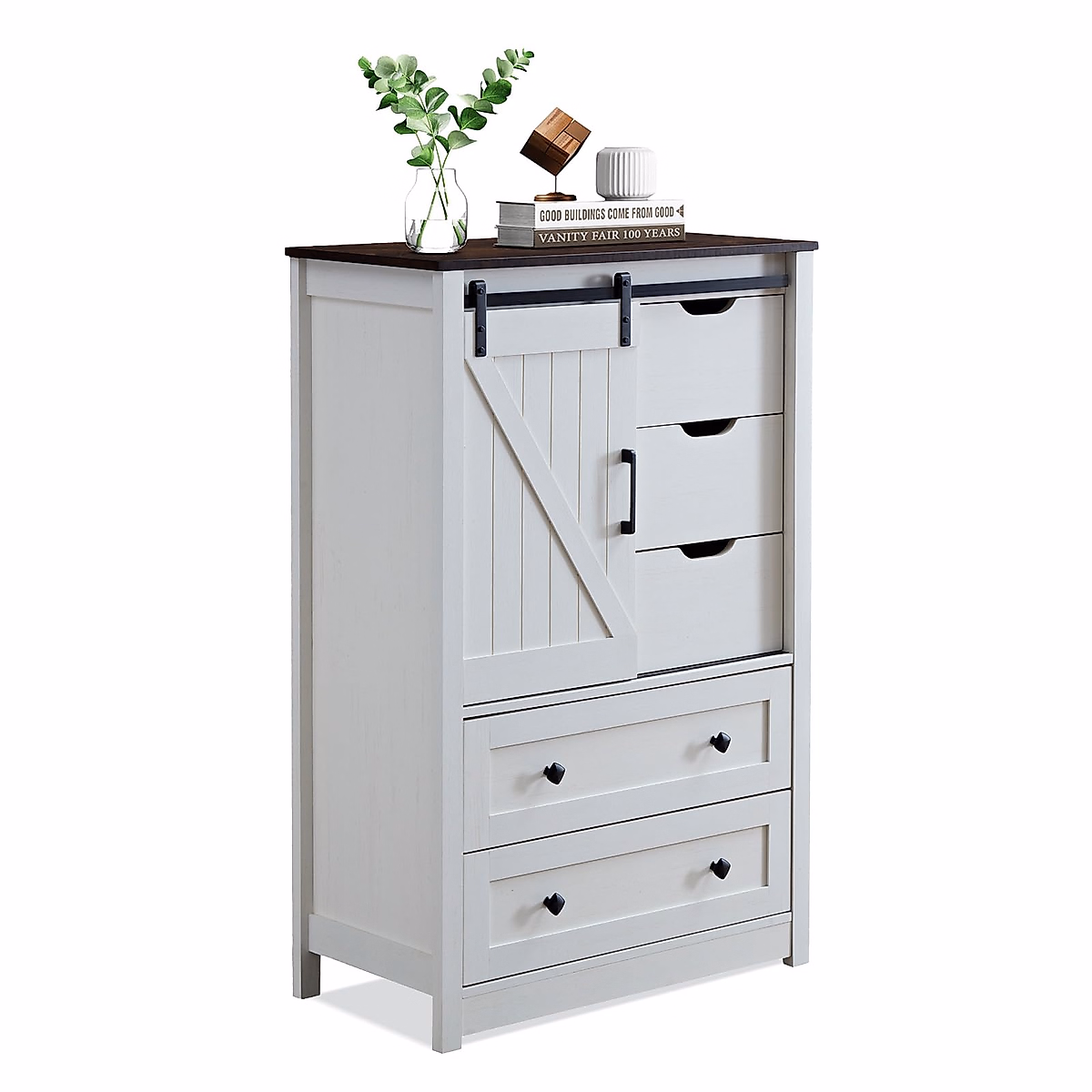 BLANKSPACE White Dresser for Bedroom with 5 Drawers, Rustic Wood Dressers with Sliding Barn Door, Farmhouse Dresser for Bedroom, Dining Room, Hallway, Antique White