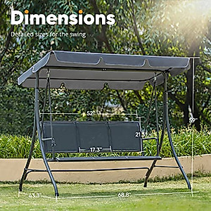 Zupapa Outdoor Patio Swing Chair w/Textilene Breathable 3-Person Armrest Seat, Canopy Porch Swing w/Adjustable Shading, Heavy-Duty Powder-Coated Swing Sets for Backyard, Poolside, Balcony - Gray
