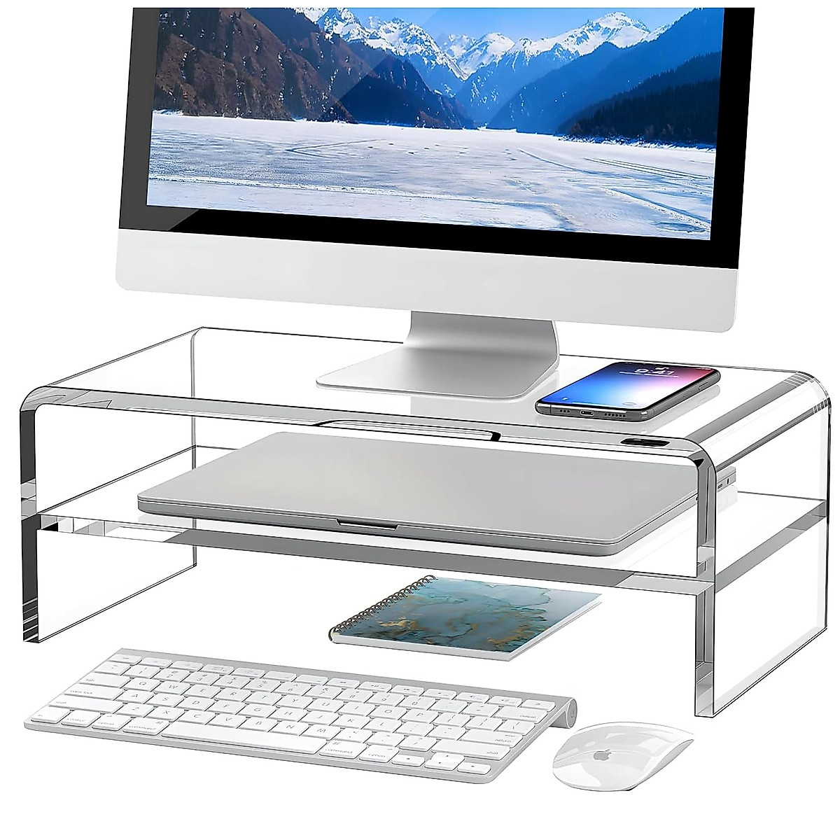 Egchi Clear Acrylic Monitor Stand Riser 2 Tier, 5.5 Inches High Clear Monitor Stand/Computer Desk Organizer Shelf for Multi Media Computer PC Storage Laptop