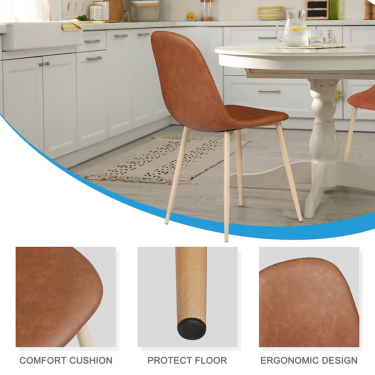SUPER DEAL Kitchen Chairs Set of 2 Modern PU Leather Cushion Seat Mid Century Dining Chairs Side Chairs with Heavy Duty Wood Legs for Living Room Dining Room, Brown