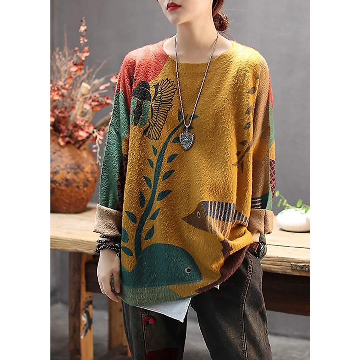 YESNO Women Sweater Graphic Oversized Pullover Sweaters Casual Loose Long Sleeve Knit Tops L S01 CR19