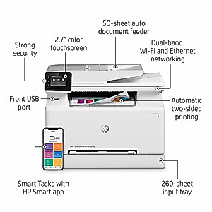 HP Color Laserjet Pro M283cdw AIO - Scan Copy Fax -Wireless Laser Printer, Touchscreen, Up to 600 x 600 dpi, 50-Sheet ADF, 22 ppm, Duplex Printing, White, with Printer Cable