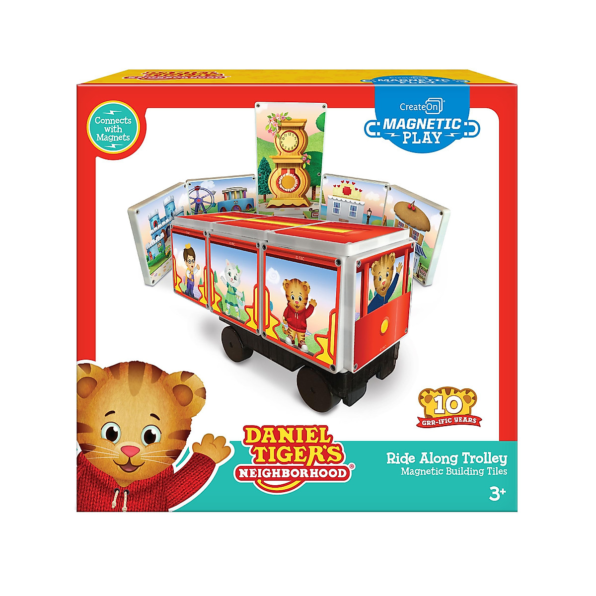 CreateOn Daniel Tiger’s Neighborhood: Neighborhood Trolley Magnetic Tiles Structure Set, Building Toys for Kids, Educational Stem & Montessori Tools for Ages 3+, 15 Pieces