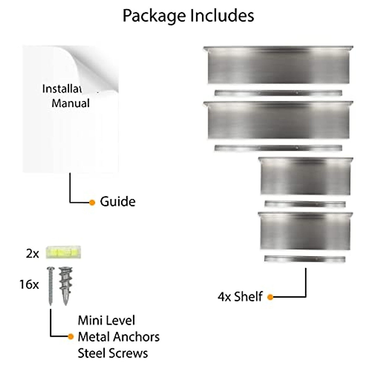 Wallniture Plat 15.8" Kitchen Floating Shelves and 30.75" Steel Shelves Bundle Restaurant Bar Cafe & Home Kitchen Organization Silver