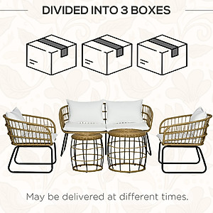 Outsunny 5 Piece PE Rattan Outdoor Furniture Set with Cushioned Chairs & Loveseat Sofa, Patio Sectional Furniture Set, Conversation Sofa Set with Stackable Coffee Tables, Cream White