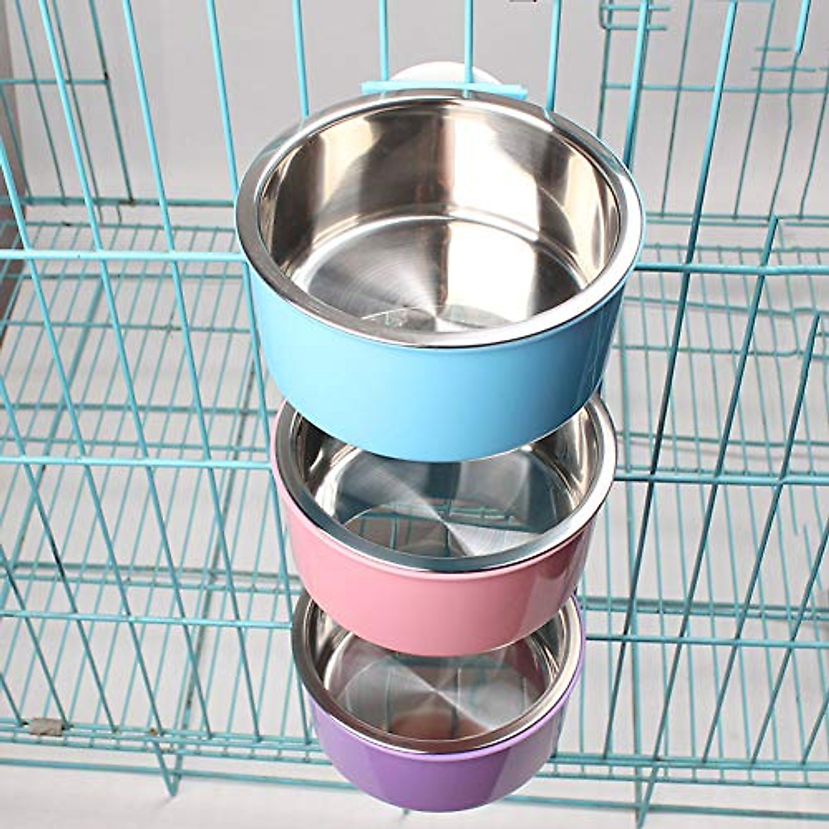 RUBYHOME Dog Bowl Feeder Pet Puppy Food Water Bowl, 2-in-1 Plastic Bowl & Stainless Steel Bowl, Removable Hanging Cat Rabbit Bird Food Basin Dish Perfect for Crates & Cages, Blue