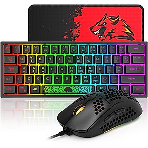 60% Gaming Keyboard and Mouse Combo Duble Color Keycaps Samll RGB Backlight Mechanical Feeling and Mechanical RGB 6400 DPI Honeycomb Optical Mouse,Gaming Mouse pad for Gamers and Typists