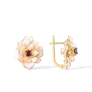 Santuzza Lotus Earrings 925 Sterling Silver Garnet Handmade Enamel White Flower Dangle Earrings for Women