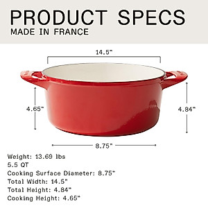 Made In Cookware - Dutch Oven 5.5 Quart - Red - Enameled Cast Iron - Exceptional Heat Retention & Durability - Professional Cookware - Crafted in France - Induction Compatible