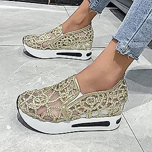 Mzluyin Platform Fashion Sneakers for Women Casual Mesh Breathable Wedges Pointed Toe Thick Bottom High Heel Low Top Shoes Slip On Flat Walking Shoes Play Sneakers Sheer Loafers