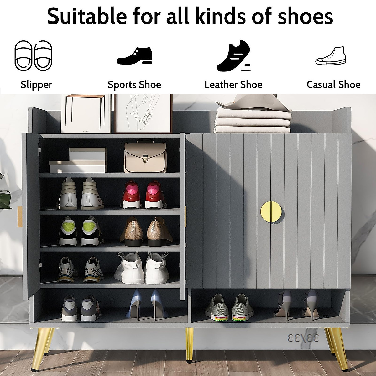 Bituman Freestanding Wood Shoe Storage Cabinet, 11-Tier Modern Narrow Shoe Organizer Rack with Adjustable Shelves Shoe Closet for Entryway, Hallway, Bedroom, Living Room, Gray