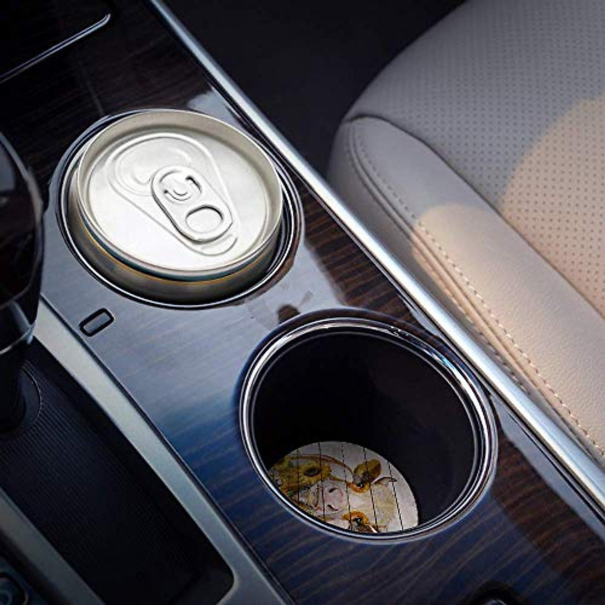 Car Cup Holder Coasters Set of 2, Wooden Plank Rural Animal Cow Biting Blooming Sunflowers, Absorbent Ceramic Stone Drink Coaster with A Finger Notch for Easy Removal of Auto Cupholder