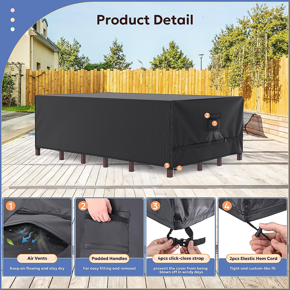 Patio Furniture Covers, Gorpche Outdoor Furniture Covers Waterproof, Tear-Resistant Patio Table and Chair Set Cover with Upgraded Fastener Windproof Buckle Straps, Heavy Duty, 108"L× 82"W× 28"H, Black