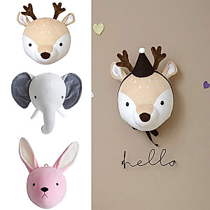 Yinuoday Wall Decor, Animal Head Wall Hanging for Baby Nursery Decor Elephant/Deer Head/Rabbit Stuffed Toys Gifts for Kids Bedroom or Playroom