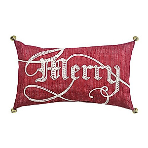 Comfy Hour Joyful Holiday Collection Merry Christmas with Four Bells Throw and Accent Pillow, Fashionable Cushion, Winter Decoration, Red, 14"x8"x5", Polyester