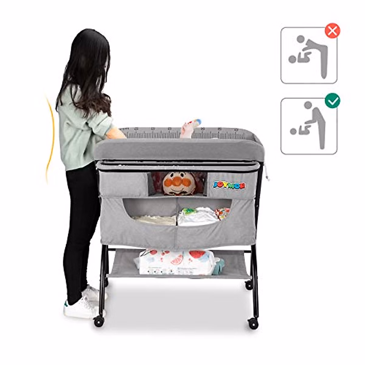 JOYMOR Portable Diaper Changing Station,Folding Baby Changing Table for Infant, Moblie Diaper Changing Table with Wheels, Large Storage Basket ＆ Shelf Portable Nursery Organizer (Grey)