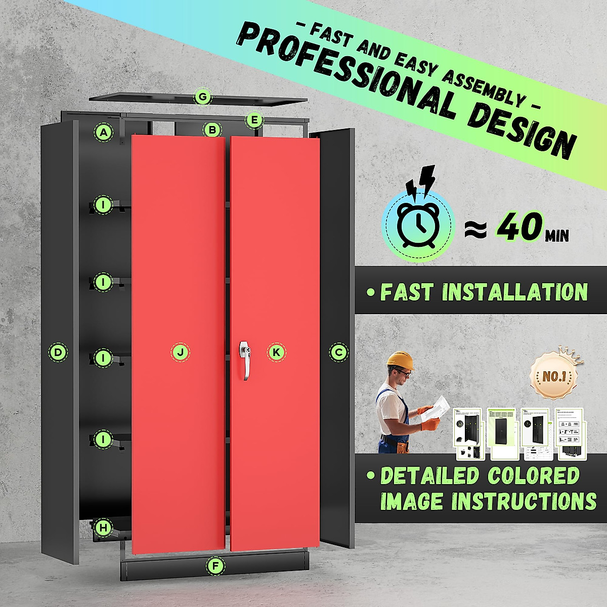 INTERGREAT Metal Storage Cabinet, 72" Tall Locking Storage Cabinet with 2 Doors and 4 Adjustable Shelves, Steel Tool Locking Cabinet for Home Office, Warehouse, School (Black Red)