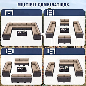 Delnavik Patio Furniture Set 14-Pieces Outdoor Furniture for Backyard Wicker Sectional Sofa Set, Rattan Patio Conversation Set with Thickened Cushions and Glass Coffee Table, Sand