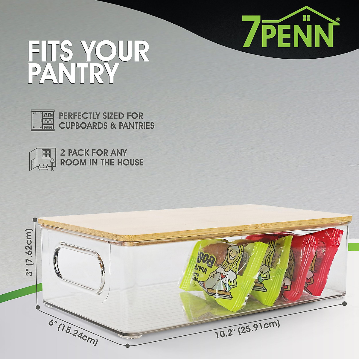 7Penn Stackable Storage Bins with Lids - 2 Pack Bamboo Lid Storage Containers for Home Organizing - Clear Acrylic Stacking Container for Pantry, Bathroom, Kitchen, Fridge, or Closet Organization