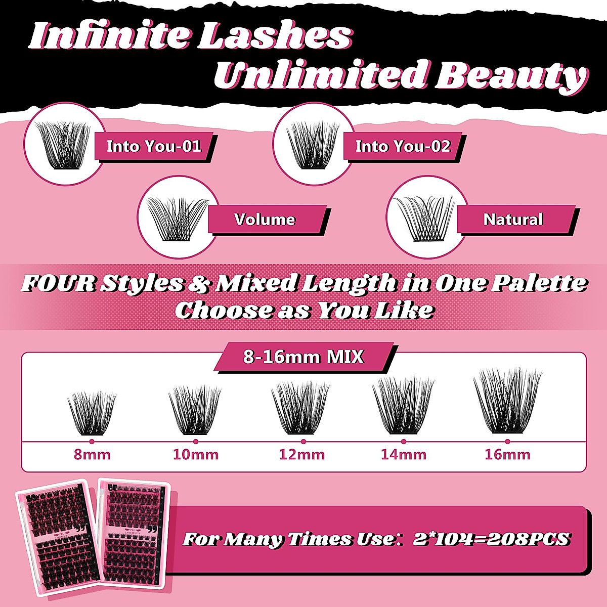 PRO DIY Lash Extension Kit 4 Styles Mixed Lash Extension Kit Lash Clusters Kit with 208 Pcs Cluster Lashes Lash Bond and Seal Lash Remover Eyelash Applicator for Beginner (4 Styles Mix-A)
