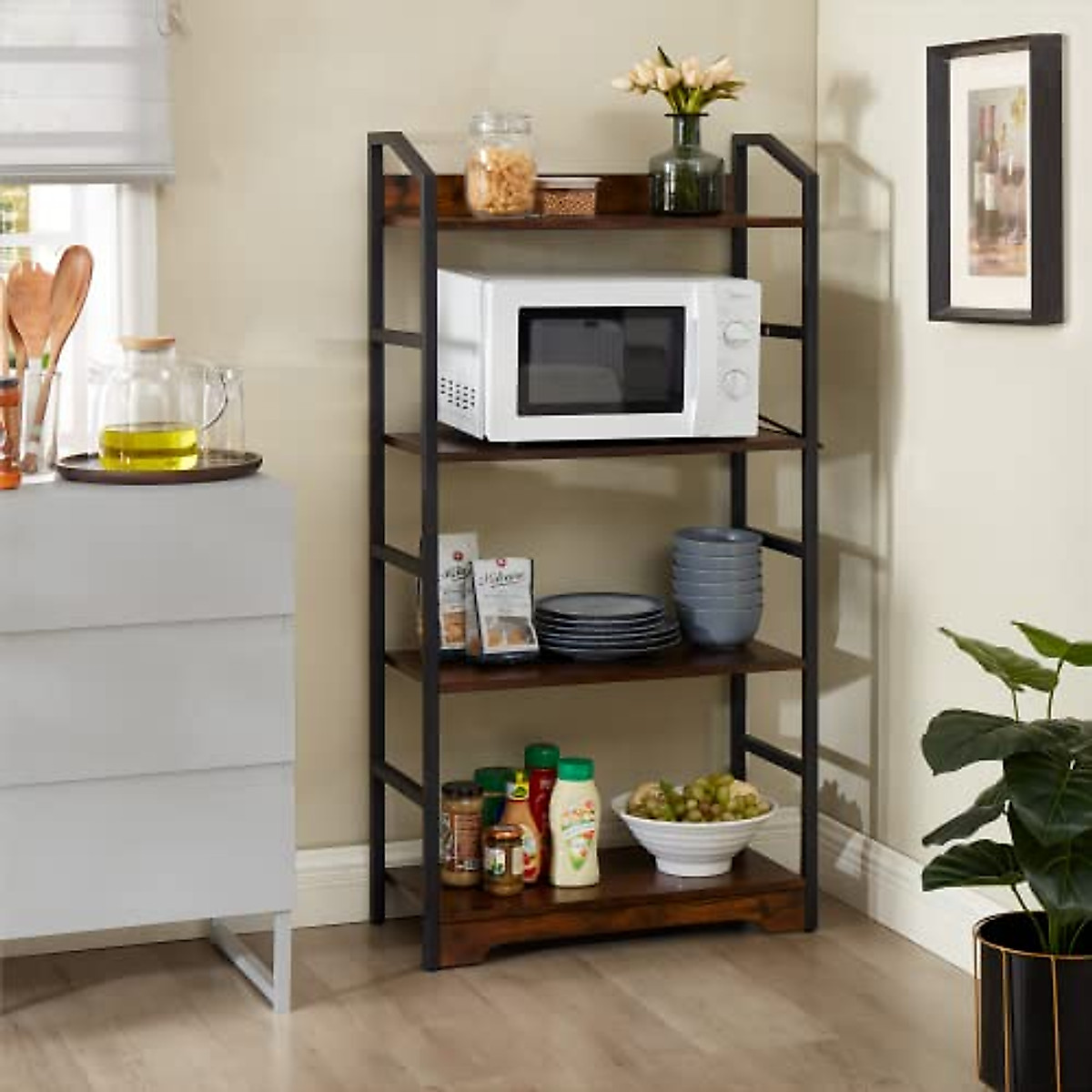 Vagusicc Industrial Display Standing Bookshelf, 4-Tier Tall Bookcase Wood Book Shelf, Modern Book Shelf Storage Organizer Steel Frame, Multipurpose Bookshelf for Living Room/Bedroom/Kitchen/Bathroom
