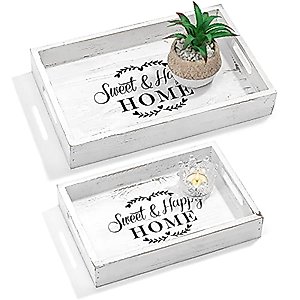 Luxspire Serving Tray with Handles, 2 Sets Vintage Wood Decorative Tray for Breakfast Eating Coffee Table Ottoman, Large Nesting Serving Trays Platters for Bedroom Kitchen Restaurant Outdoor, White