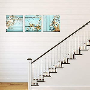 Nachic Wall - Teal Blue Canvas Wall Art Seashell Starfish Pictures Wall Decor Modern Sea Ocean Painting on Canvas Bathroom Decoration Stretched and Framed Ready to Hang
